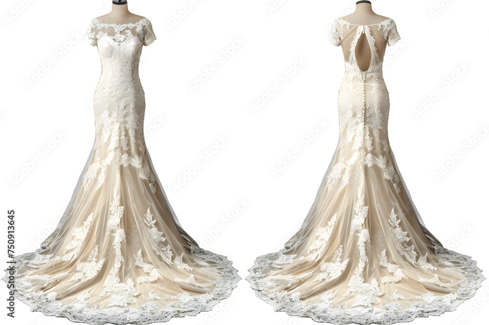 Front and back view of an ivory wedding gown template. Elegant lace ...