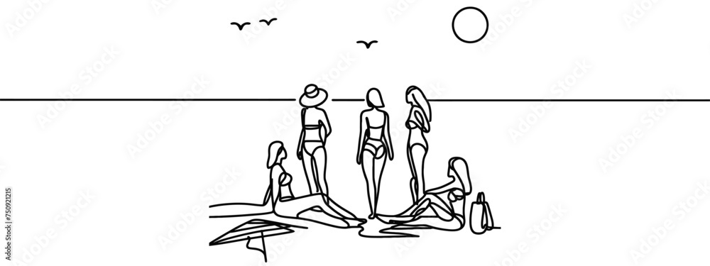 continuous single drawn one line of a girl sunbathing on a beach drawn ...