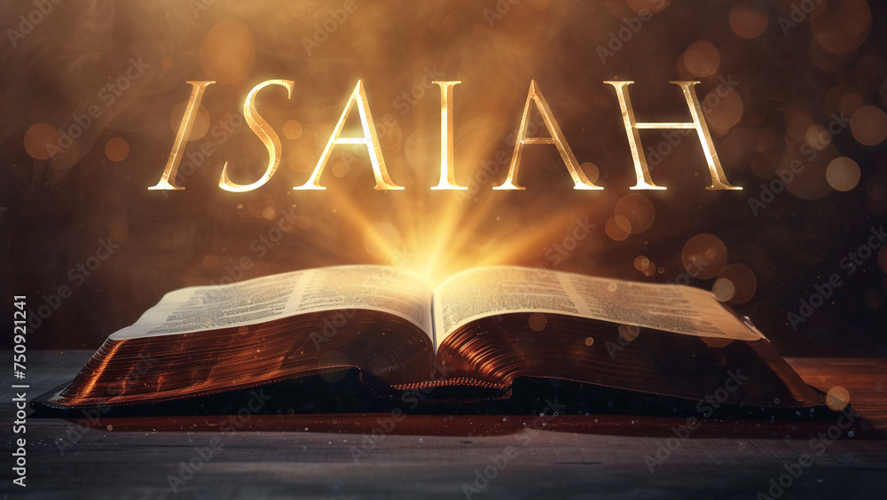 Book of Isaiah. Open bible revealing the name of the book of the bible in a epic cinematic ...