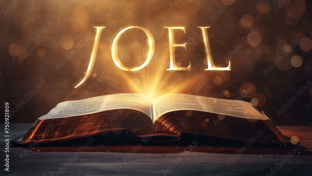 Book of Joel. Open bible revealing the name of the book of the bible in ...