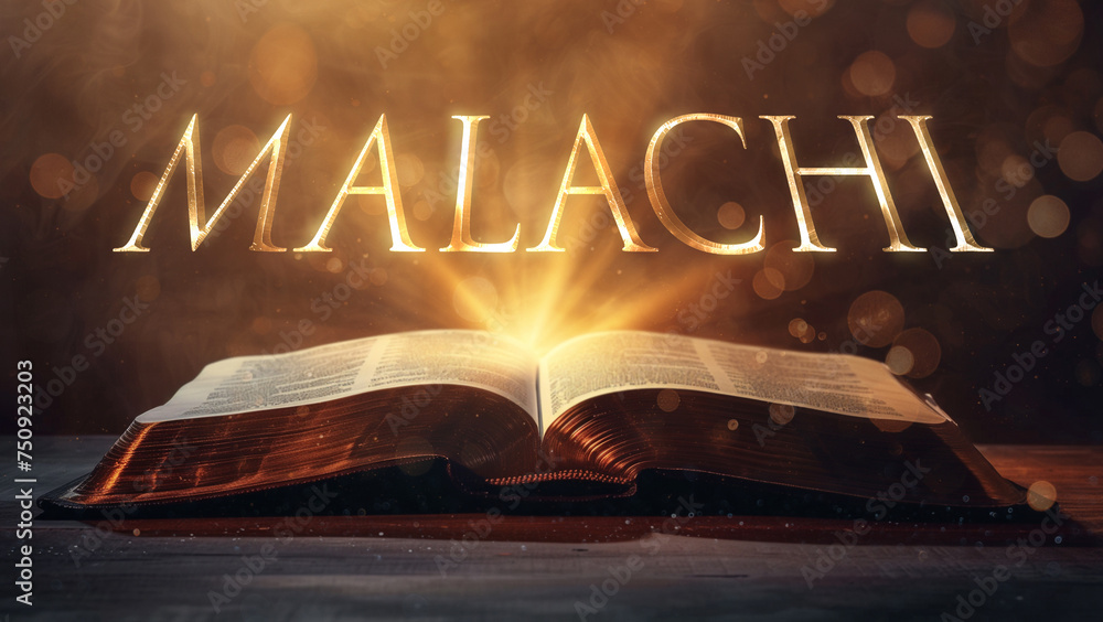 Book of Malachi. Open bible revealing the name of the book of the bible in a epic cinematic ...