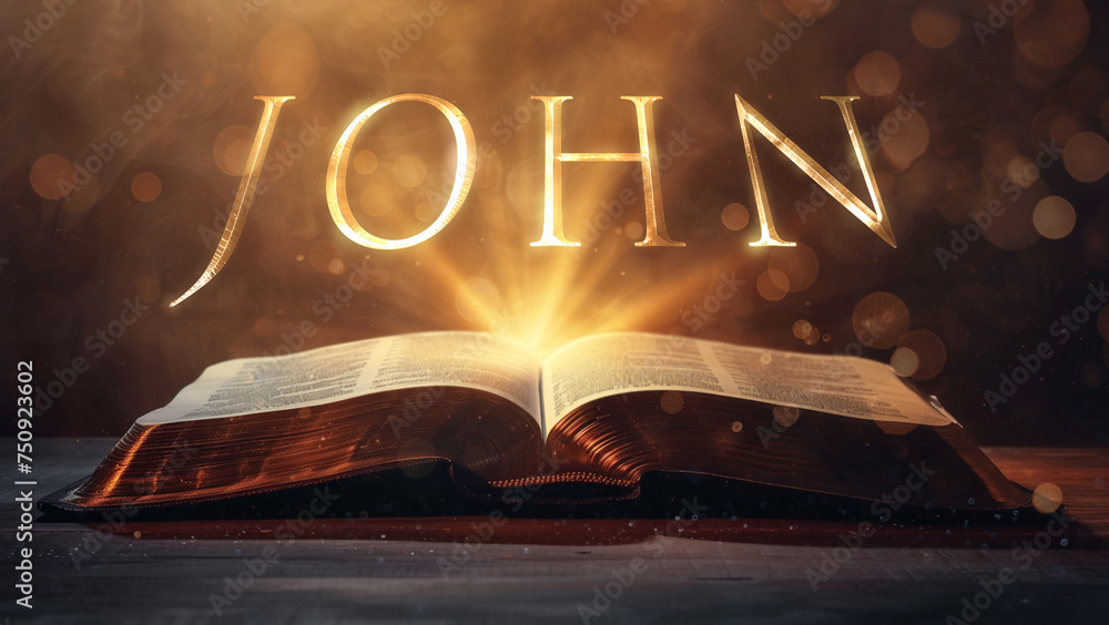 Book of John. Open bible revealing the name of the book of the bible in a epic cinematic ...