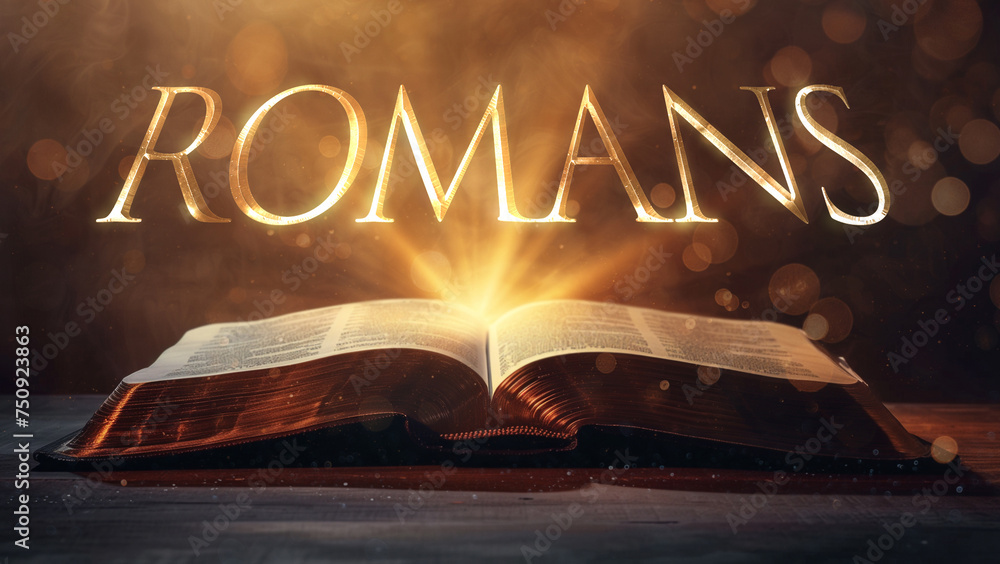 Book of Romans. Open bible revealing the name of the book of the bible ...