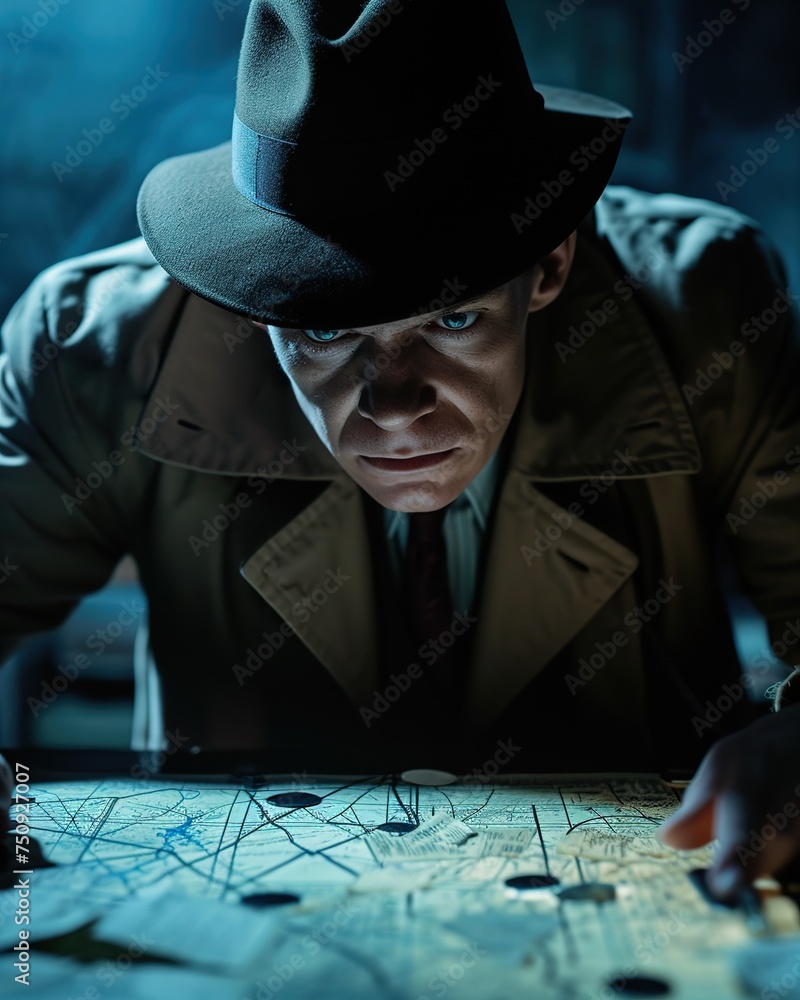 Portrait of a man in a hat with a map. Retro style. A close-up shot ...