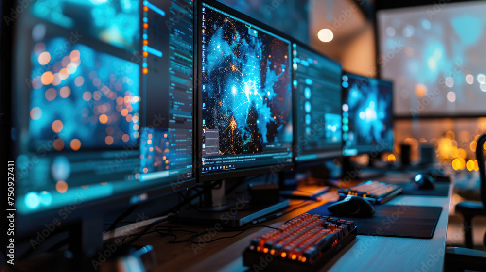 High-tech computer workstations with glowing screens in a dark room ...