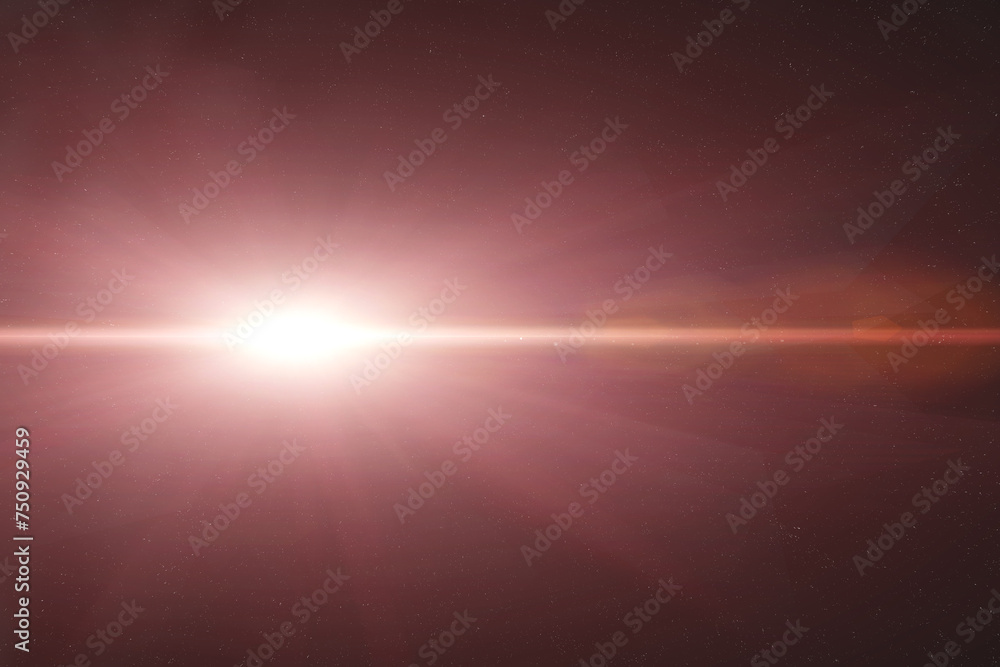 Abstract space background. Shining red star near asteroid field with ...