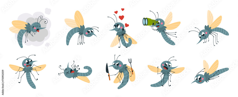 Funny mosquitoes. Isolated mosquito in various poses and with different ...