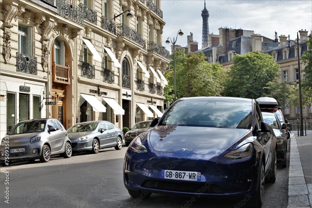 Paris France 09 06 2023 : closeup detail of a premium car ,Tesla in ...