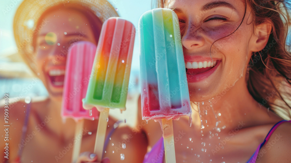 Female friends sharing rainbow ice pops on a beach on a sunny hot day ...