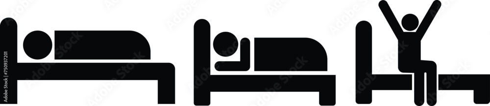 Sleeping man with different direction on bed and get up icon in flat ...