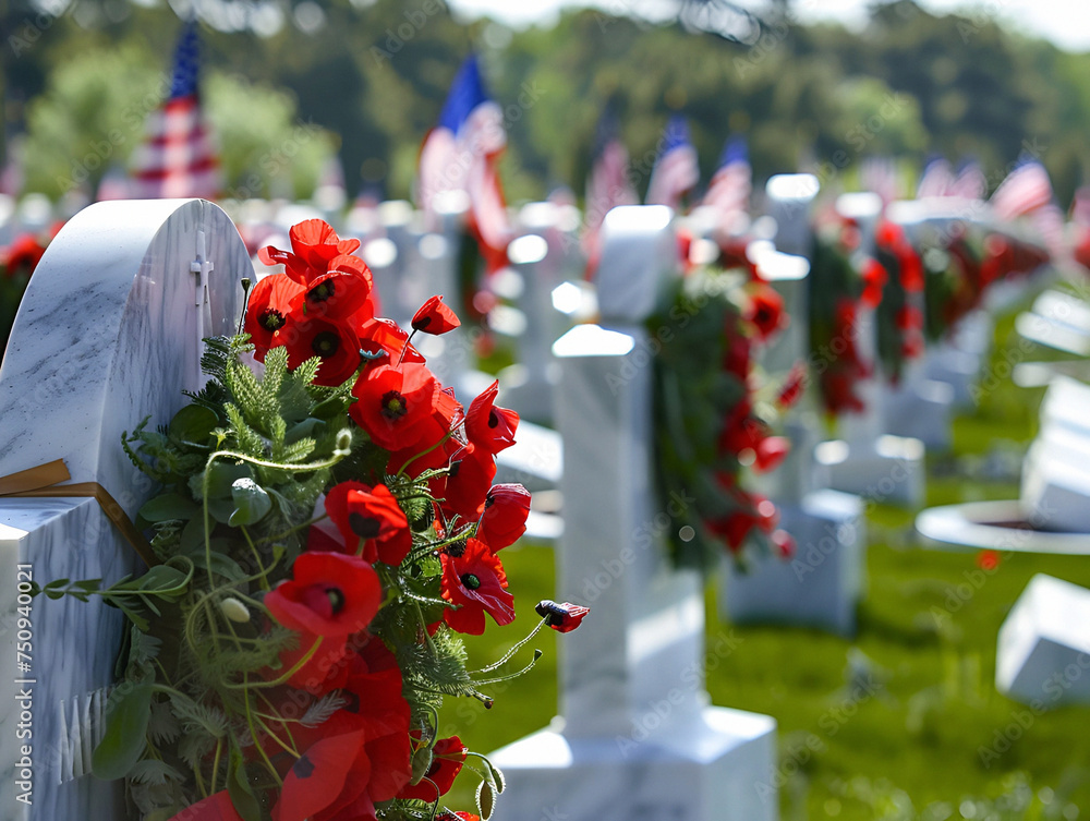 Sunny Memorial Day at the cemetery: wreaths decorate the place of ...