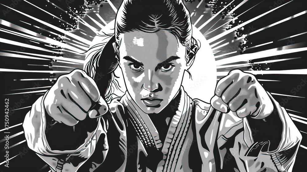 karate young girl in karate pose in comic book style black and white ...