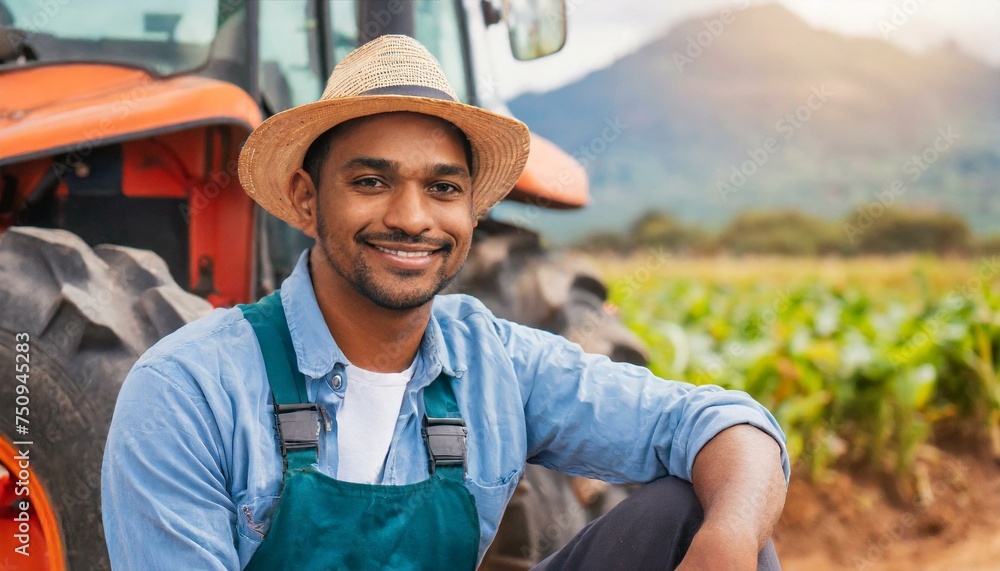 Portrait of a smiling farmer sitting next to a tractor in working ...