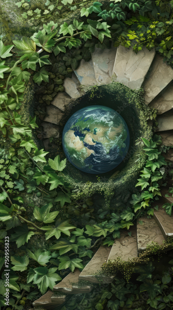 Earth globe at the heart of a spiral staircase with verdant foliage ...
