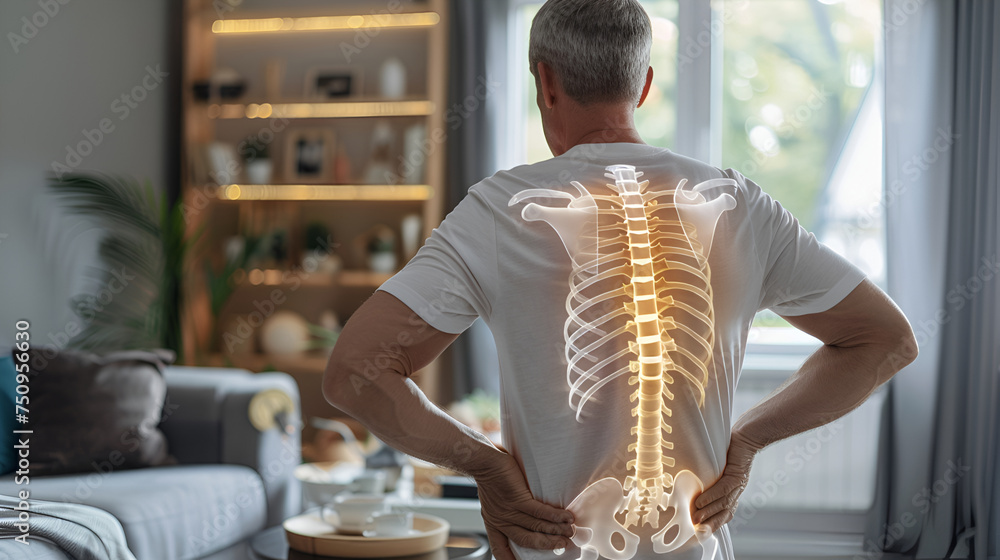 Senior male experiencing lumbar discomfort, with a visual spine diagram ...