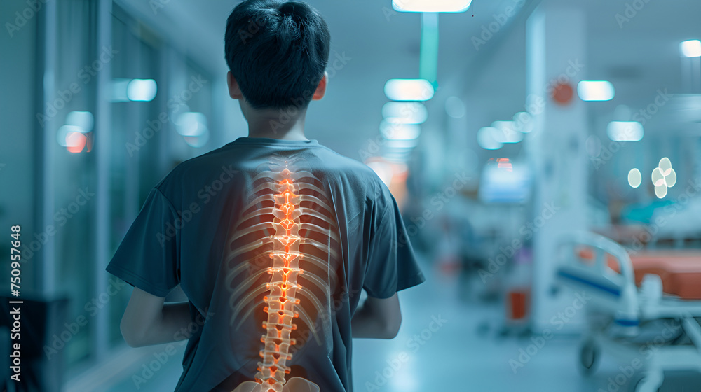 Adolescent in hospital with visualized spine issue, representing ...
