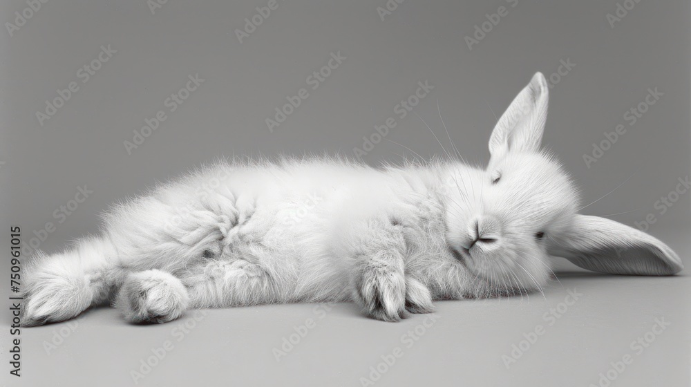 a white bunny rabbit laying on its back with its head turned to the ...