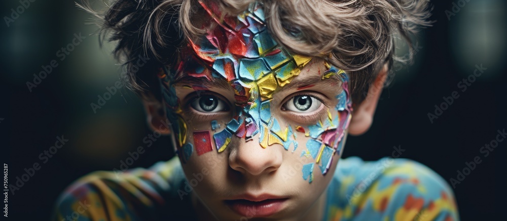 A young boy with his face painted in a puzzle pattern, symbolizing ...