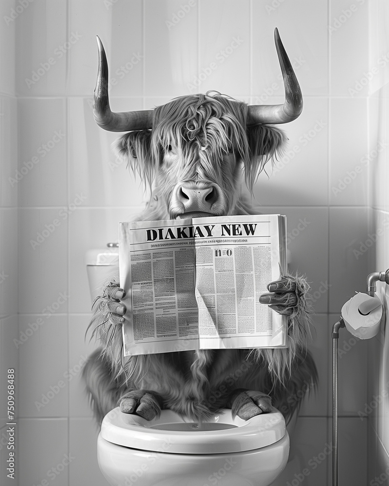 Highland Cow Reading Newspaper on Toilet in Monochrome Stock ...