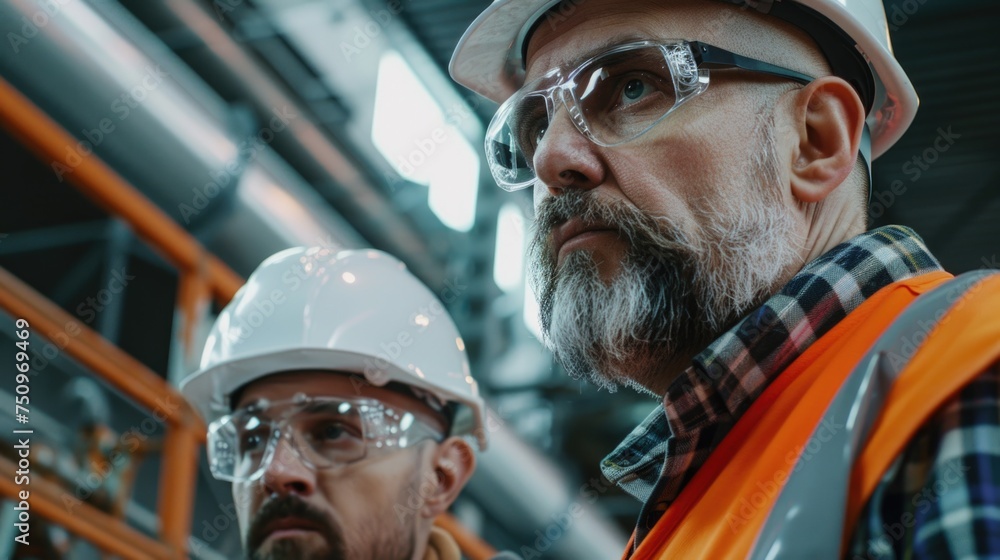 Two men wearing hard hats and safety glasses, suitable for construction ...