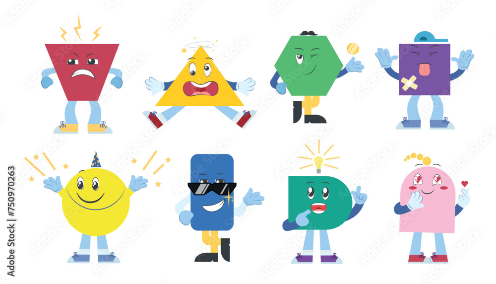Set of cute geometric shapes and letters characters in cartoon style ...