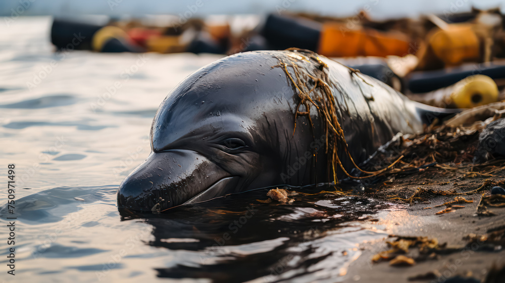 A dolphin peers out of polluted water, surrounded by floating debris ...