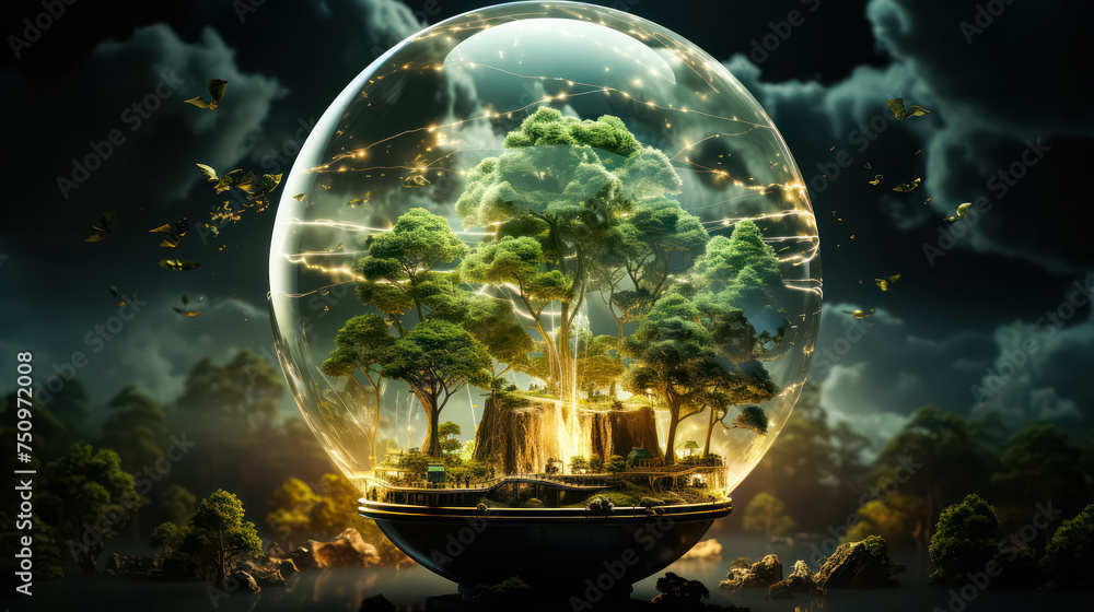 Transparent glass sphere encases a miniature forest, capturing the ...