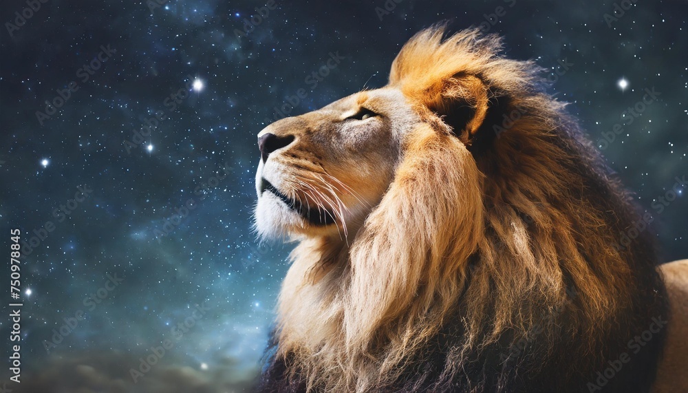 african lion looking up on stars at night proud dreaming fantasy leo on ...