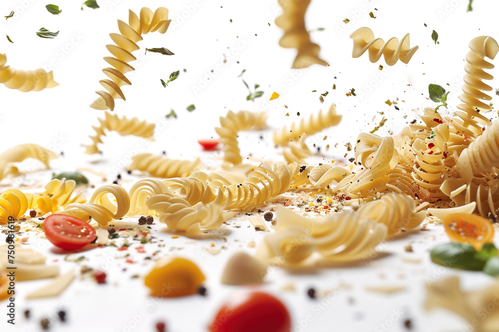 Different types of pasta flying and floating in the air chaotically and ...