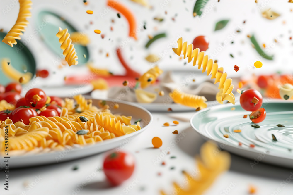 Different types of pasta flying and floating in the air chaotically and ...