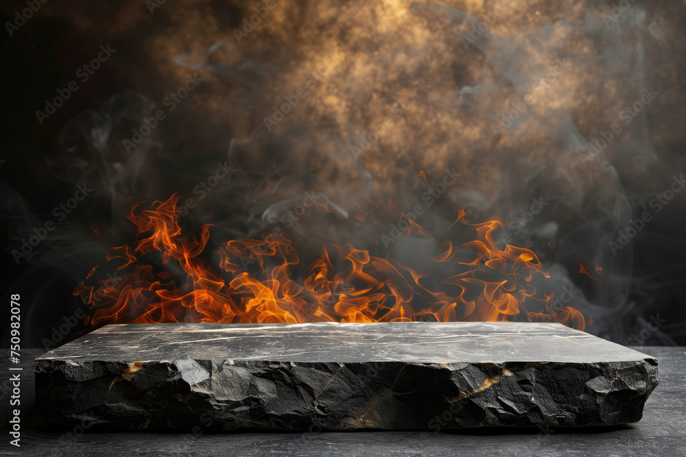 Dancing flames and swirling smoke rise behind a rugged stone slab in a ...