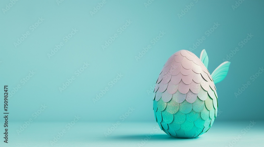 Easter egg made of mermaid scales with a mermaid tail. On aqua blue ...