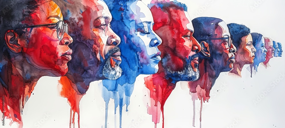 People of different races and nationalities in profile in a row ...