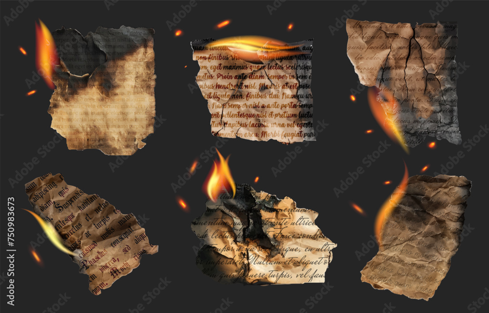 Burning old paper. Burnt pages with smoldering fire on charred uneven ...
