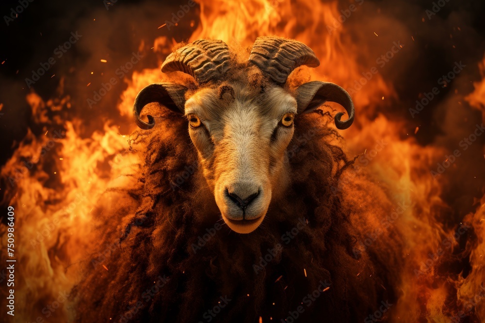 Nightmare sheep with fire flames. Horrified scary lucifer animal in burning fire. Generate ai ...