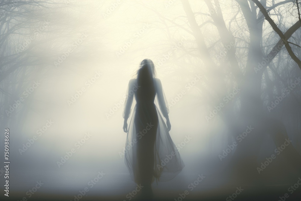 Woman wearing white headscarf in shining fog. Pure spiritual lady in ...