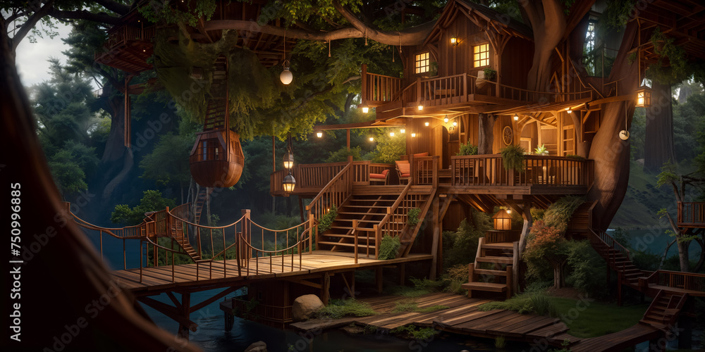 a tree house sitting on an idyllic deck, with lights on a tree deck ...