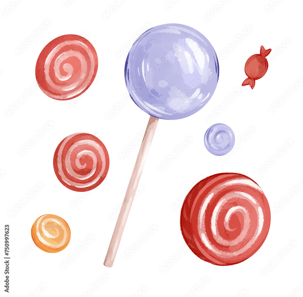 Watercolor candies set isolated on transparent background. Bright hand ...