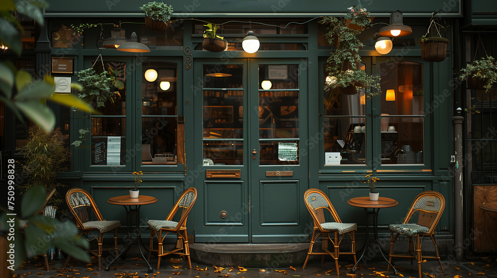Paris coffee shop ambiance, elegant cafe, green is the main color ...