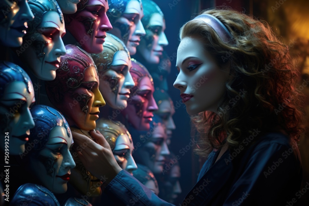 Fake emotion, character roles, intricate interplay of masks, moods ...