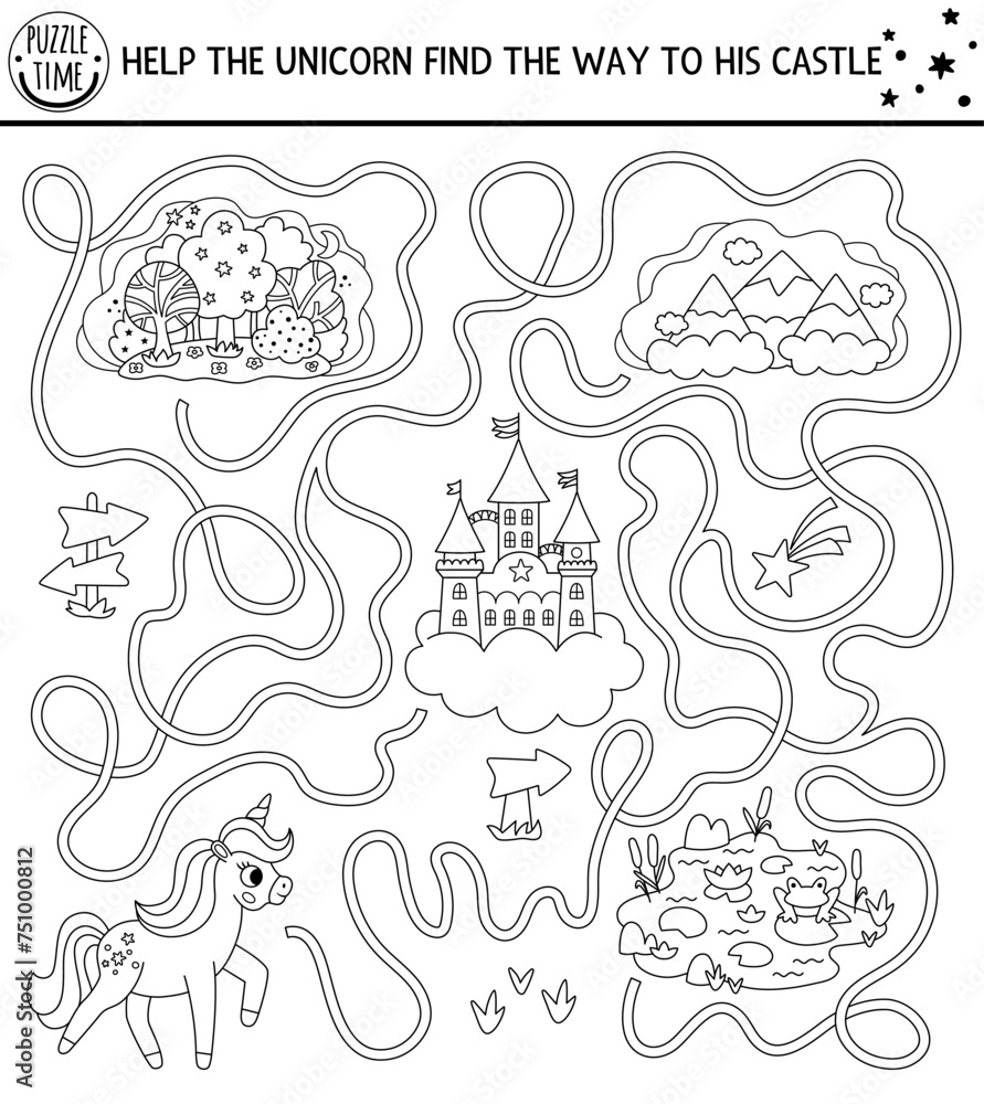 Unicorn black and white maze for kids with fantasy horse, castle, magic ...