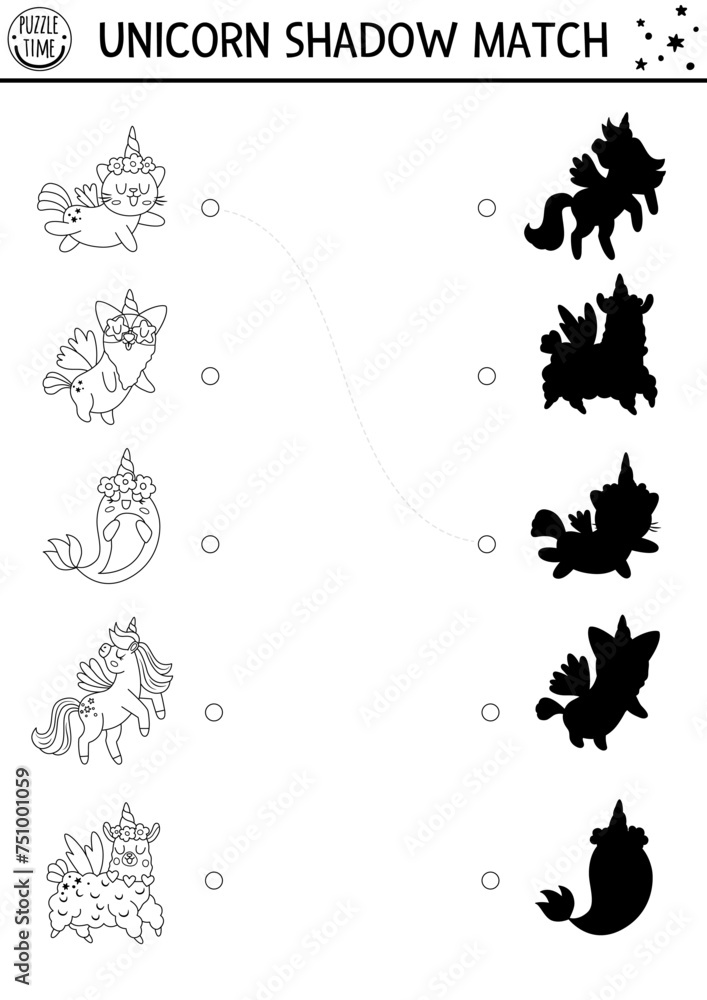 Unicorn black and white shadow matching activity with animals with ...