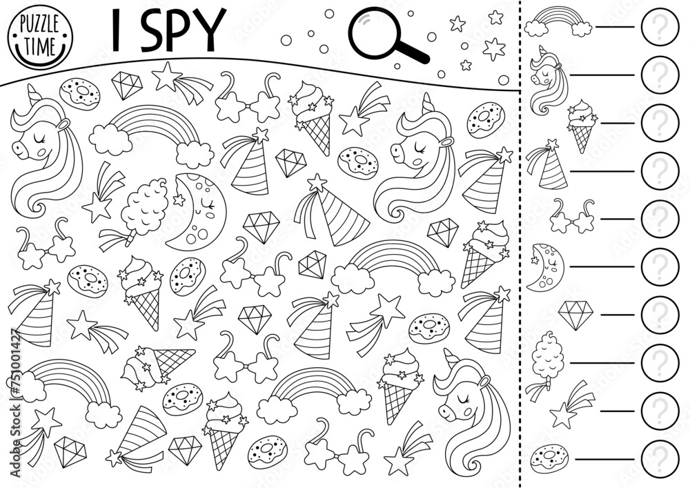 Unicorn black and white I spy game for kids. Searching and counting ...