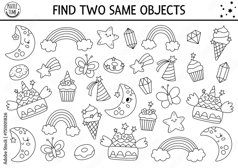Find two same objects coloring page. Magic world matching activity for ...