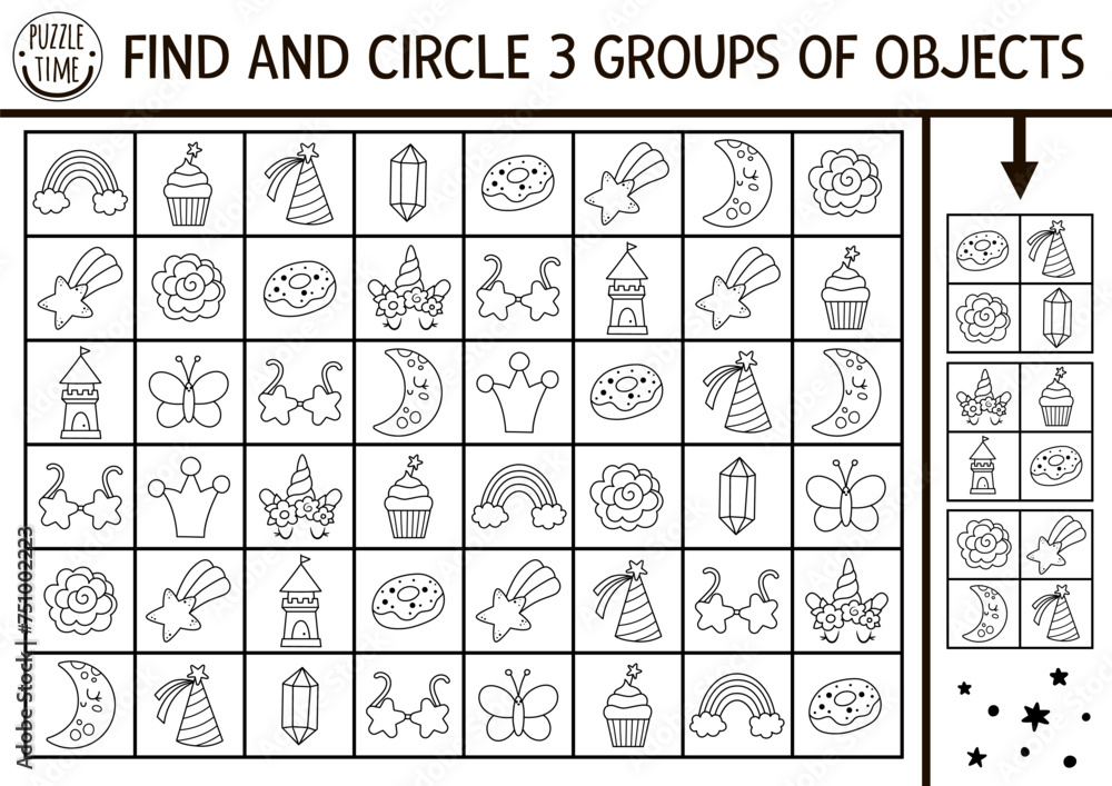 Unicorn black and white seek and find game. Attention skills puzzle ...