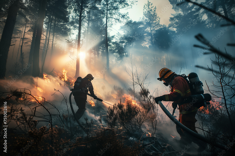 Firefighters extinguishing a fire in a forest, forest in danger by fire ...