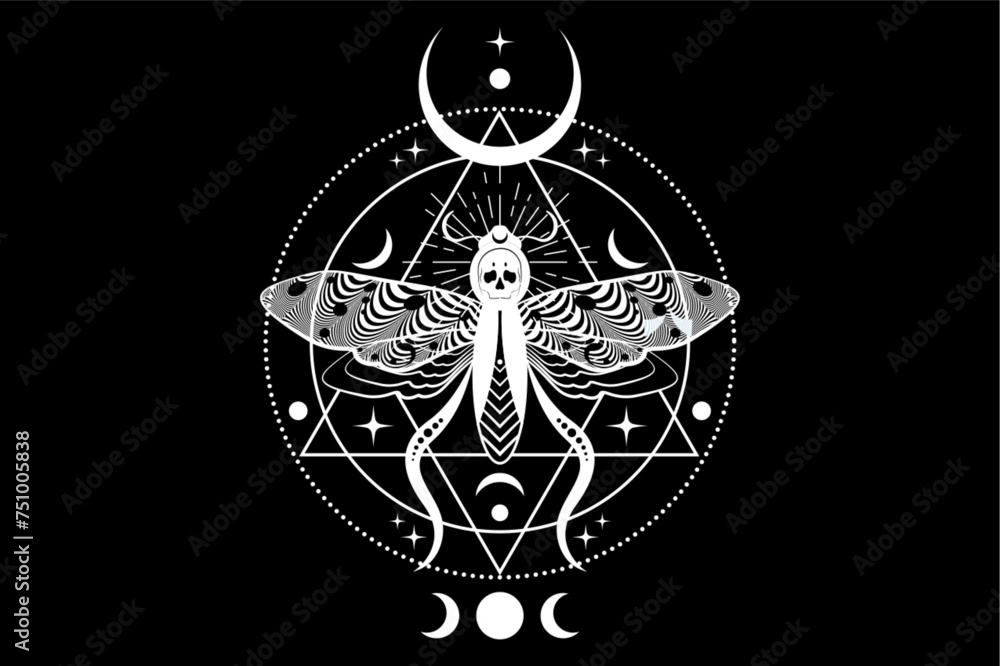 Mystical death head moth in dark black color. Cresent moon and wiccan ...