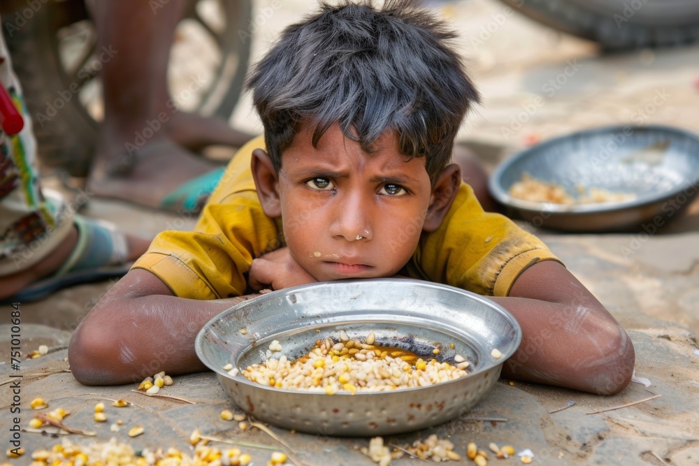 An undernourished boy gazes longingly at a meager meal. underscoring ...
