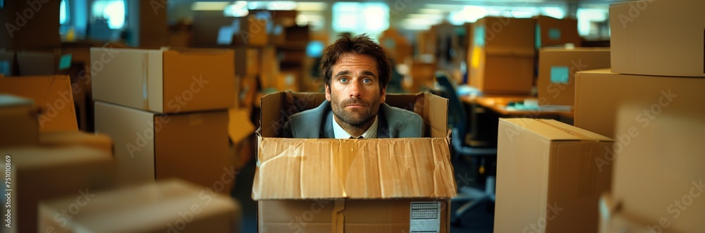 Confused businessman inside a box ready to be shipped inside a ...