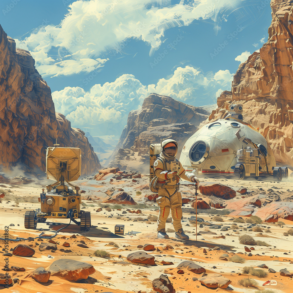 Astronaut exploration on a deserted mars terrain: futuristic ...